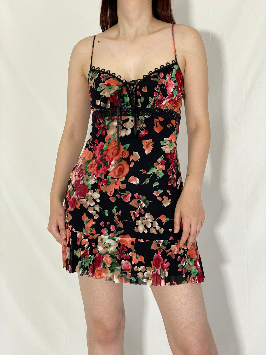 Y2K Floral Print Lace Trim Mini Dress Black with Red Roses