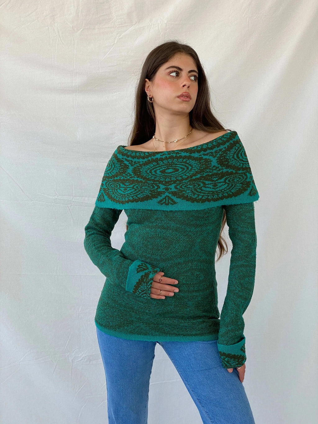 Vintage Buffalo Off Shoulder Knitted Drop Waist Top - Emrald Green ...