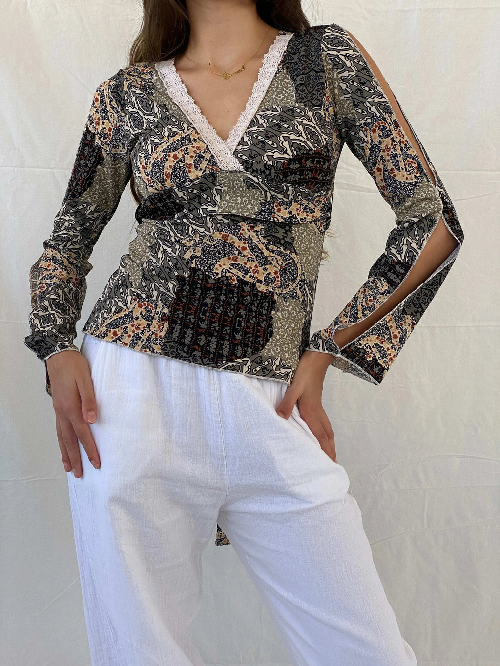 Vintage Y2K JP Collection Paisley Print Top With Lace Detailing ...