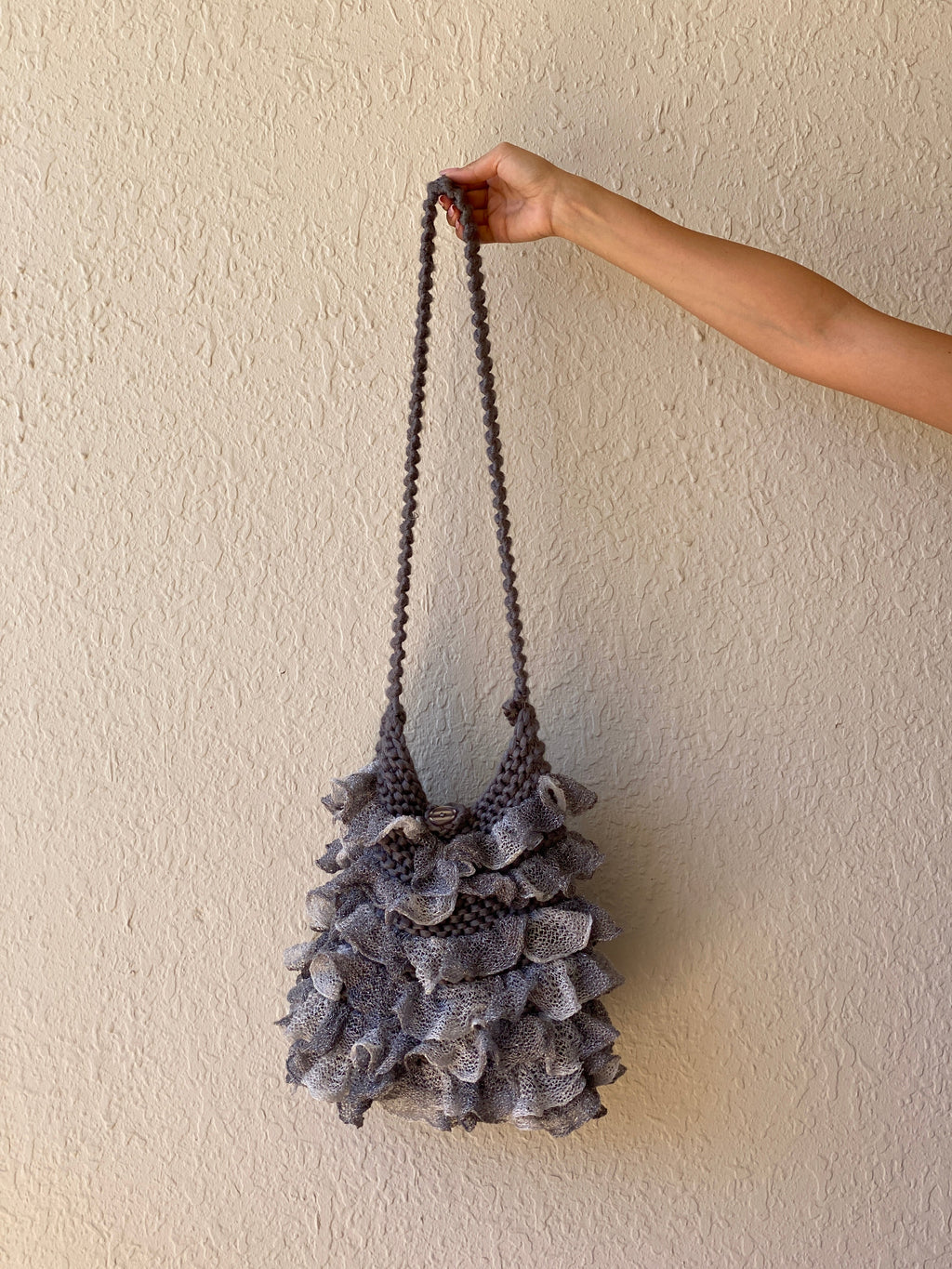 Y2K Ruffled Crochet Knitted Gray Whimsy Crossbody Bag