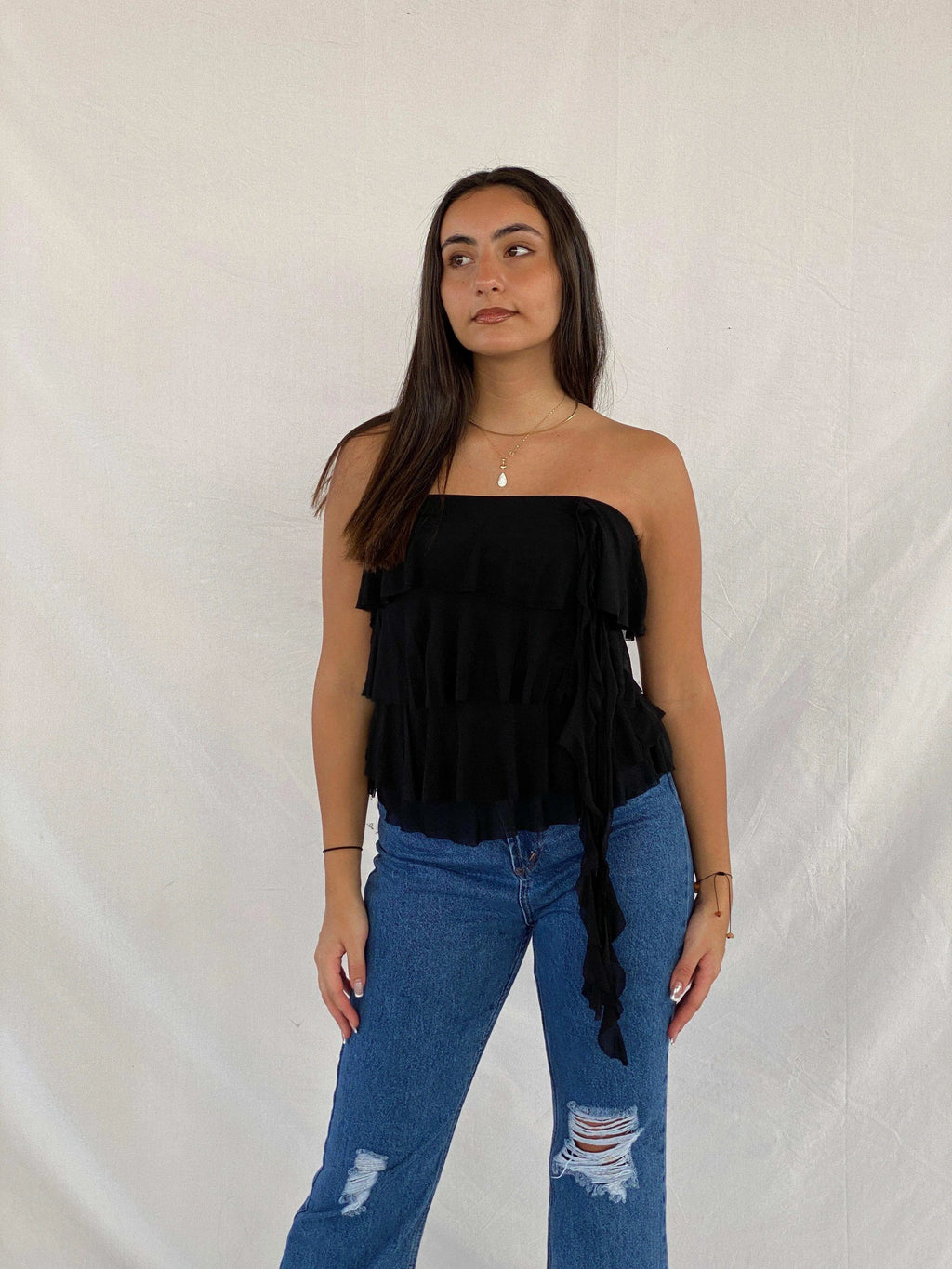 Y2K Supré Ruffled Black Tube Top - Layer Up - Essential Wardrobe